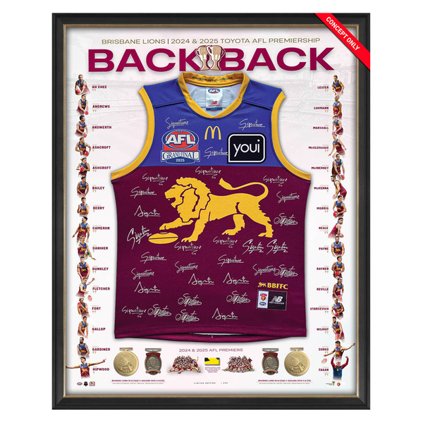 Brisbane Lions Back to Back 2024 & 2025 Team Signed Framed Guernsey Fr ...