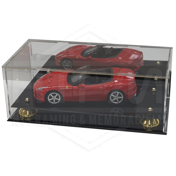 Deluxe Acrylic model car 1:18 display case with gold risers Mirror bac ...